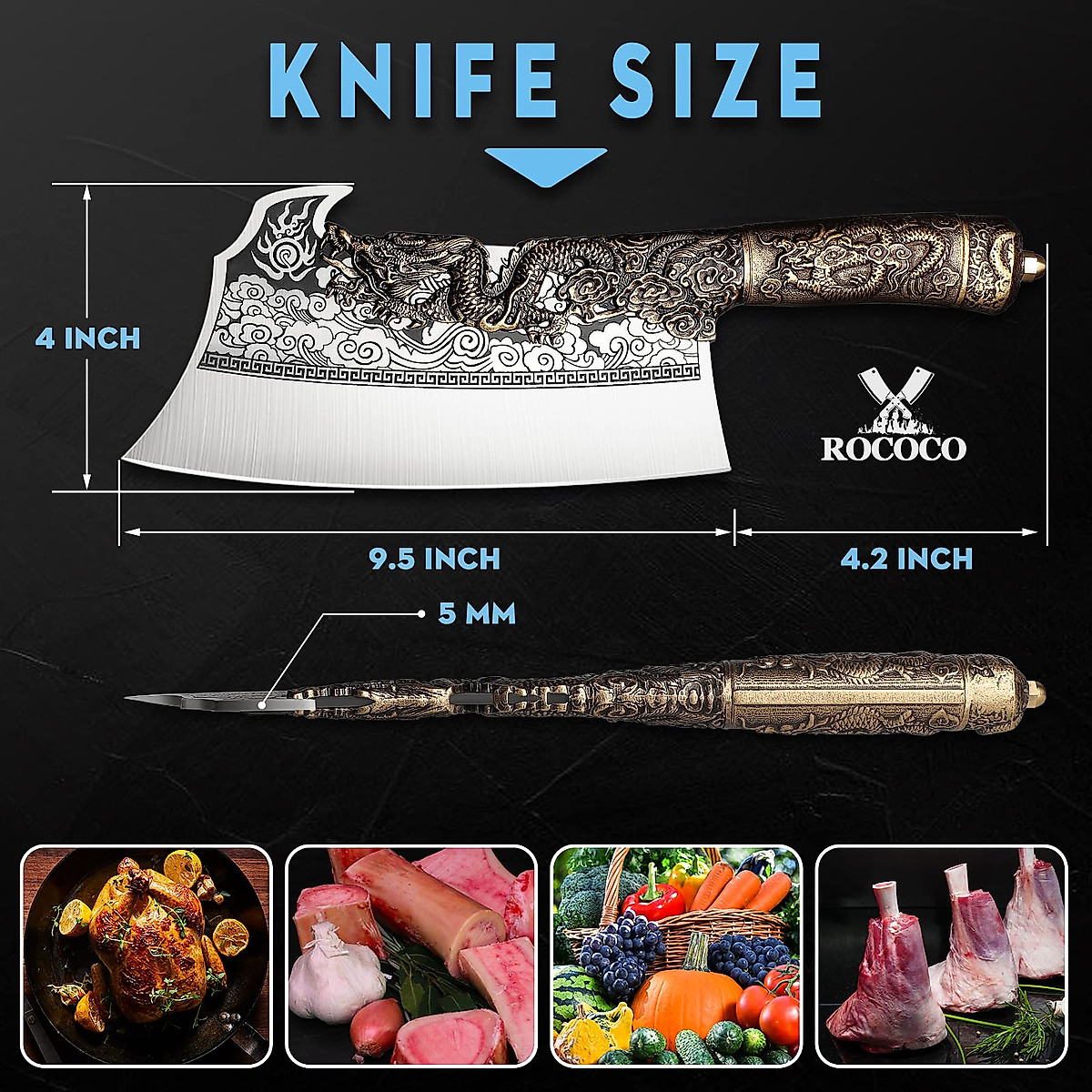 ROCOCO Bone Cleaver Heavy Duty Bundle with Sharp Meat Cutting Knife Butcher Boning Chopping Viking Gift Men Hunting BBQ Camping