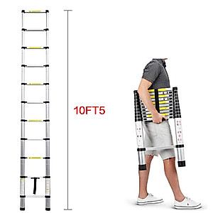 Telescoping Ladder 10.5ft/3.2M Multi Function Aluminum Staright Ladders Retractable Easy to Carry Collapsible for Decoration Household Daily Office Emergency - 330lbs Capacity Silver