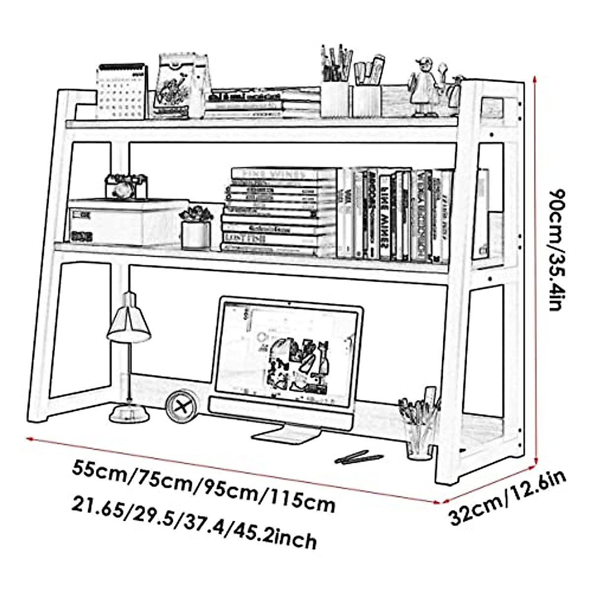 Computer Desktop Bookcase, 2-Tier Multipurpose Ladder Countertop Hutch Bookshelf, Adjustable Storage Display Shelf Organizer Rack for Home Dorm Office Supplies (Color : B, Size : 115CM)