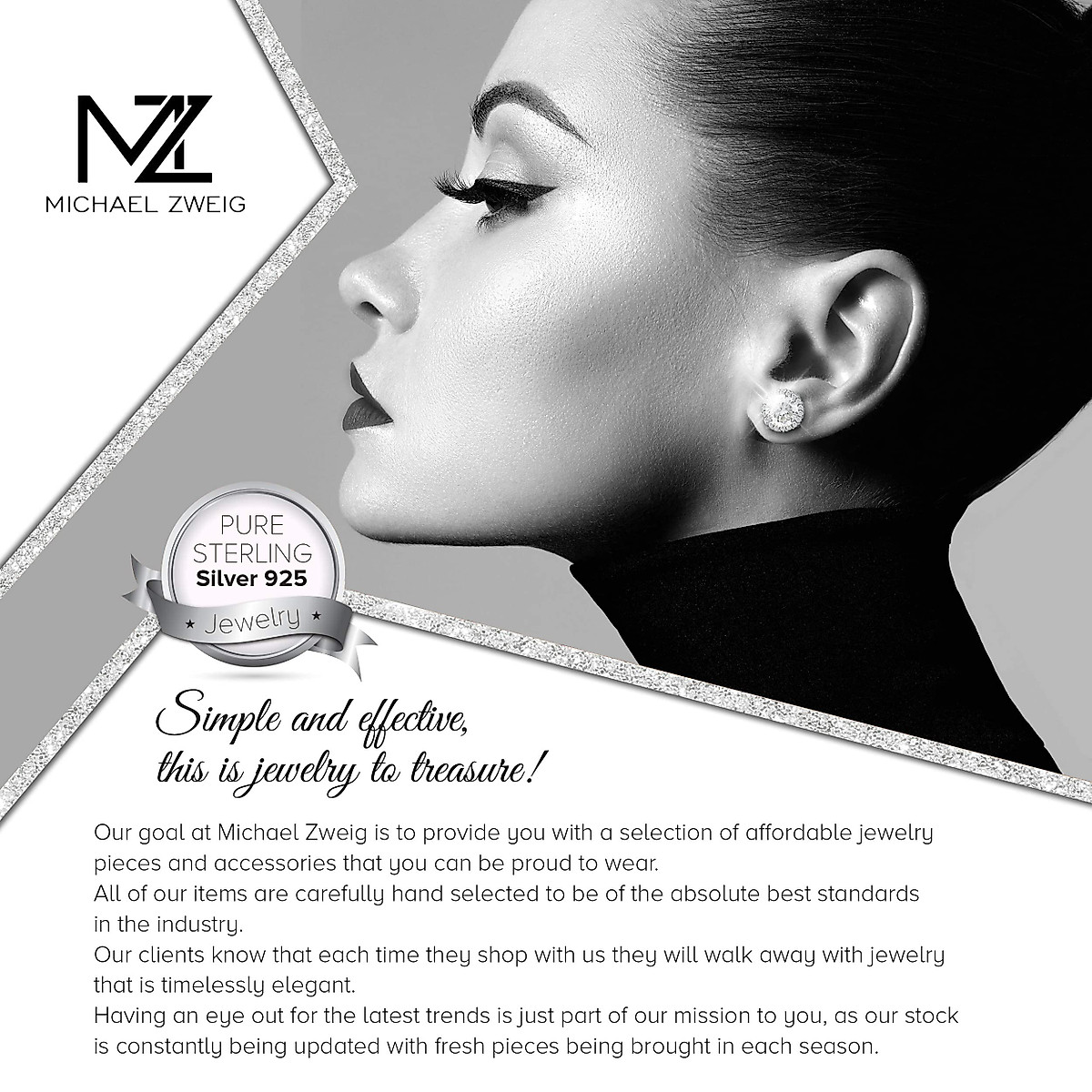 Michael Zweig 14K Solid Gold Posts 925 Sterling Silver Stud Earrings 3pc Set Cubic Zirconia 3.0mm, 4.0mm, 5.0mm, Diamond Carat Weight, 1.75 cttw