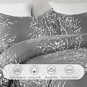 Vaulia Soft Microfiber Duvet Cover Set, Grey and White Floral Branches Printed Pattern - King Size 3-Piece Set (1 Duvet Cover 2 Pillow Shams)