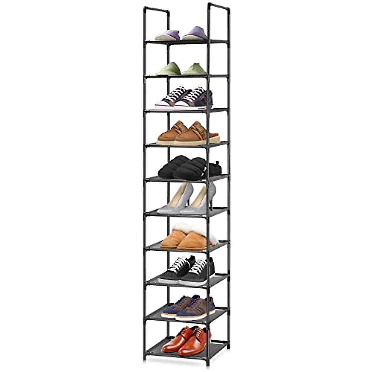 Hossejoy 10 Tier Shoe Rack, Metal Shoe Shelf Storage, Tall Vertical Storage Organizer Stand, Home Shoe Tower with Non-Woven Fabric for Narrow Space, Cloakroom, Entryway, Grocery Room (Black)