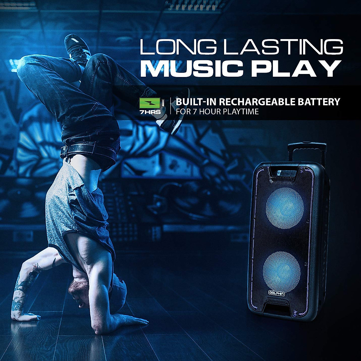 Dolphin SP-210RBT Dual 10" Bluetooth Party Speaker, Neon LED Lights, 3400W, Long-Lasting Battery, X-Bass, Trolley & Wheels