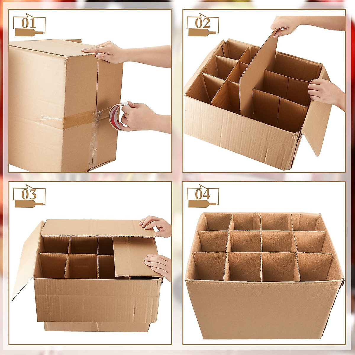 Leinuosen Moving Boxes Packing 16 x 12 x 12 Inch Divider Kits Included 10 Corrugate Dividers with 24 Foam Pouches for Shipping, Kitchen Moving Box Kit Dish Packing(4 Pack)
