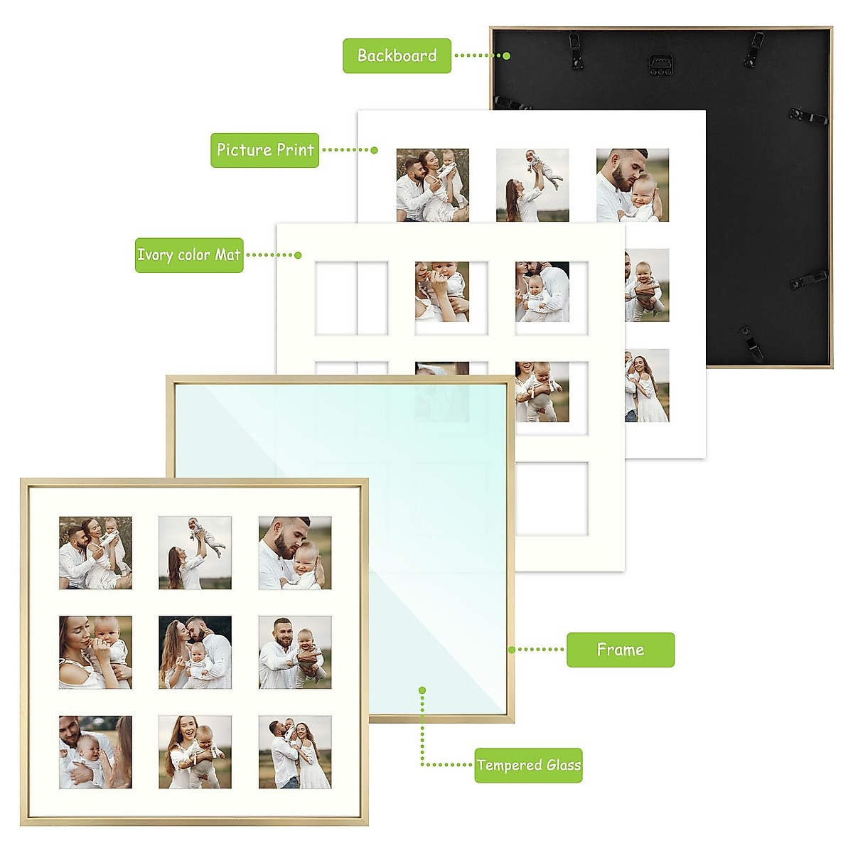 Golden State Art, 4x4 Aluminum Collage Frame, Displays 4 x 4 Pictures With 9 Openings Mat or One 16x16 Photo, Real Glass, Wall Display, Gold, 1 Pack