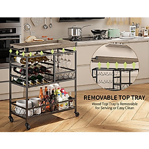Gizoon 3 Tier 38" Home Bar Serving Cart with Large Storage Space, Mobile Kitchen Storage Trolley with Lockable Wheels, 12 Wine Rack, Glass Holder, Removable Tray (Gray)