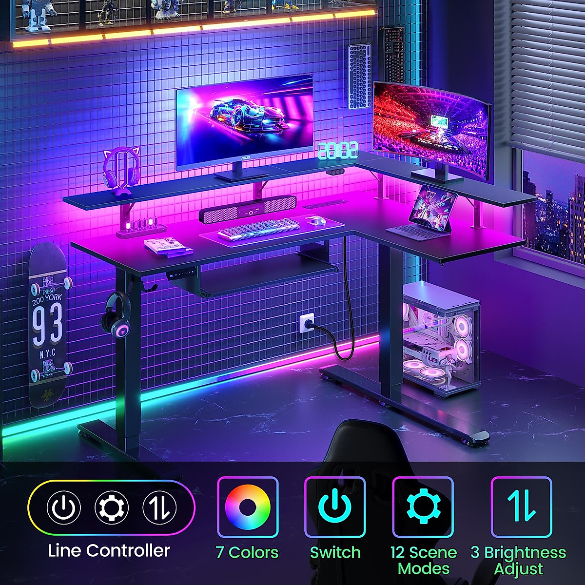 Rolanstar L Shaped Standing Desk with LED Light and Power Outlet, Dual Motor Height Adjustable Electric Standing Desk with Monitor Stand & Keyboard Tray, 61.2" Sit Stand Desk Black