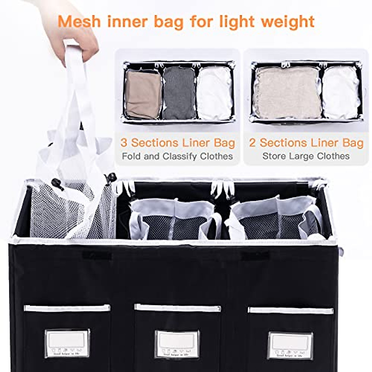 TECHMILLY 3 Section Large Laundry Basket, 140L Laundry Hamper with Lid，Waterproof Durable Clothes Hamper with 4 Removable Bags and 3 labels for Bathroom, Bedroom, Dorm, (Black)