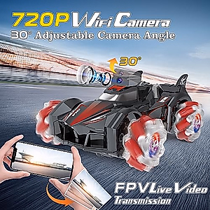 RC Car with Camera for kids, Remote Control 360°Rotating High Speed Stunt Vehicle Toy for Boys and Girls, Rechargeable Racing Drift Cars with Flashing Lights and Dynamic Sound for Adults
