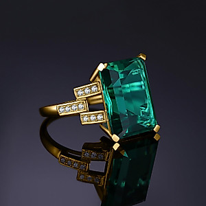 JewelryPalace Emerald Cut 6ct Simulated Emerald Solitaire Cocktail Rings for Women, Green Gemstone 925 Sterling Silver 14k Yellow Gold Plated Ring, Gemstone Ring for Women Jewelry Set 9