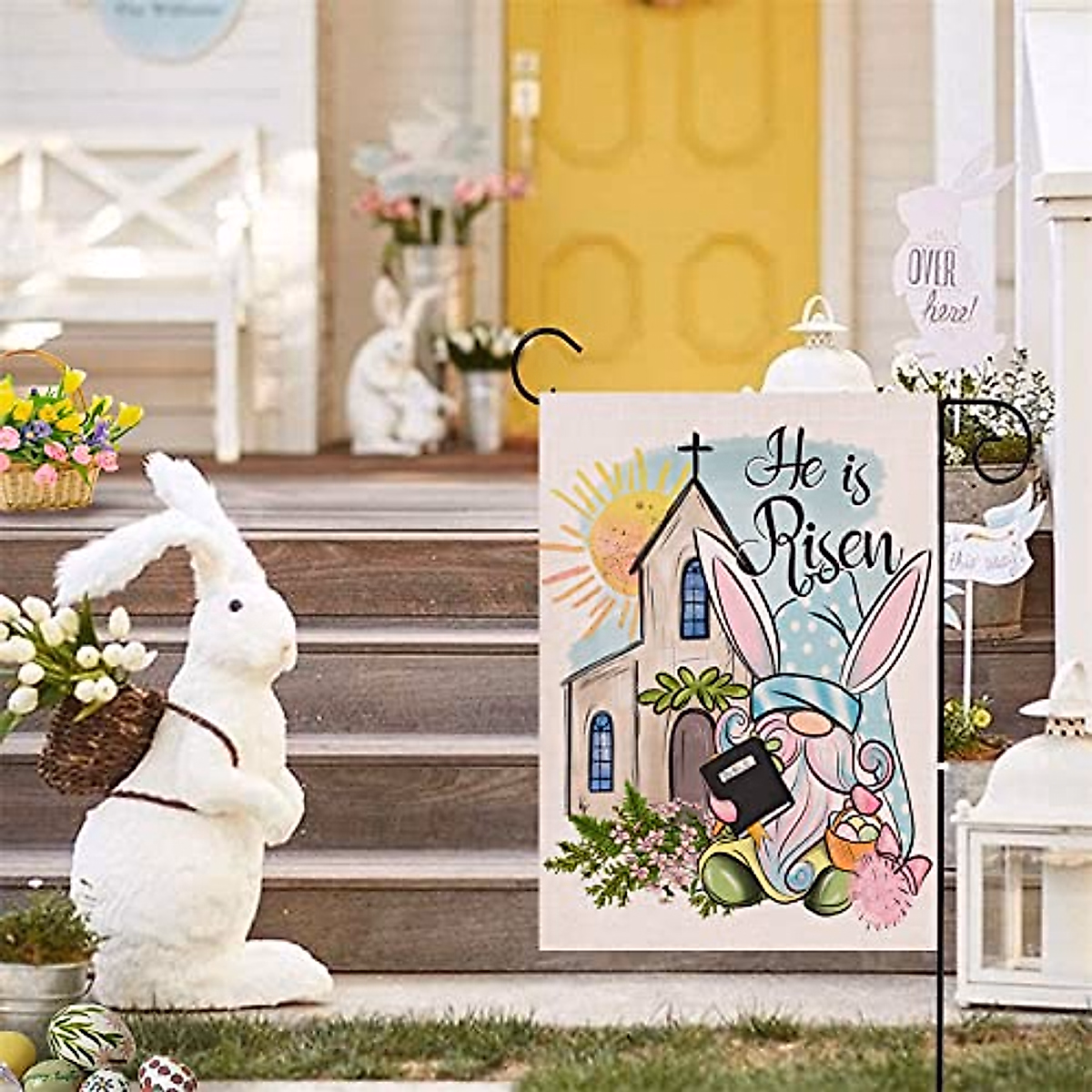 Covido Home Decorative He is Risen Religious Church Bunny Gnome Easter Garden Flag, House Yard Polka Dots Eggs Hyacinth Flowers Outside Decoration, Spring Floral Outdoor Small Decor Double Sided 12x18