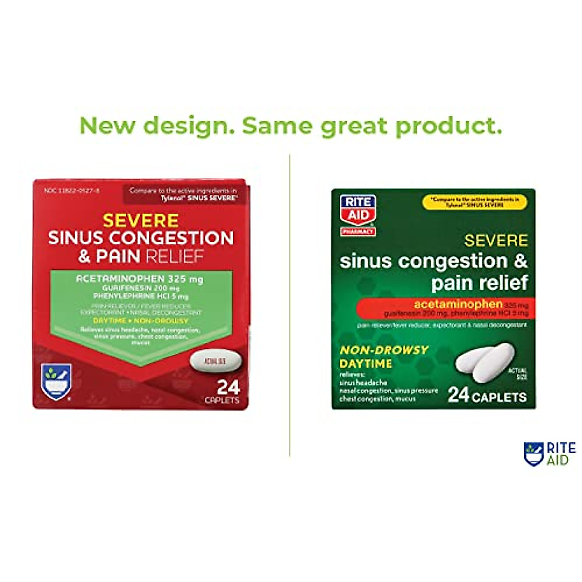 Rite Aid Daytime Severe Sinus Congestion & Pain Relief - Acetaminophen, 325 mg - 24 Caplets | Multi-Symptom Non-Drowsy | Sinus Relief | Cold and Flu Medicine | Severe Cold & Sinus Medicine for Adults