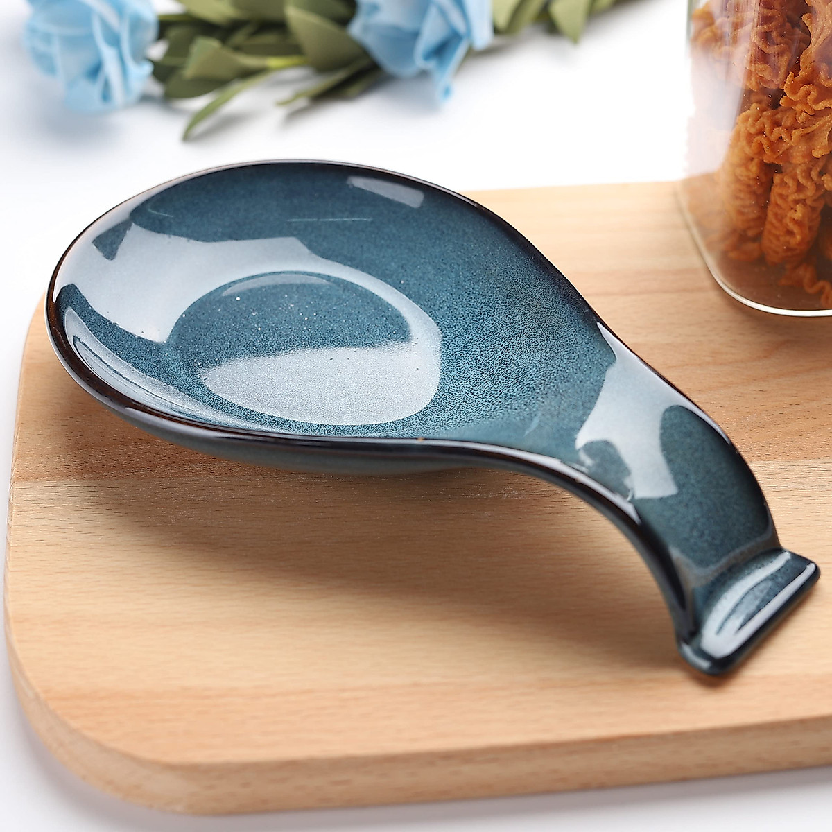 Ceramic Spoon Rest for Stove Top Spoon Holder for Kitchen Counter Utensil Holder for Ladle Tong Forks Coffee Spoon Rest (Blue)
