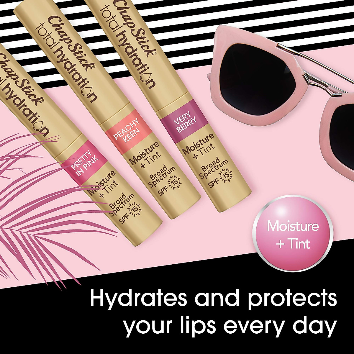ChapStick Total Hydration Moisture Plus Tint Plus SPF, Tinted Lip Balm Collection With Natural Sunscreen In Very Berry, Pretty in Pink and Peachy Keen, 3 Tubes 0.08 oz