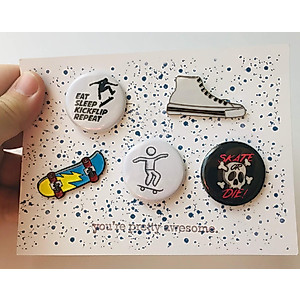 5 piece Skateboard Theme Backpack Pins Buttons with Enamel Pins Multipack 1.25 Inch PinBack Buttons birthday holliday back to school backpack buttons Set of 5 Skate Board Theme pins