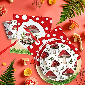APOWBLS Mushroom Party Decorations Tableware, Mushroom Birthday Party Supplies, Paper Plate, Cup, Napkin, Disposable Cutlery, Tablecloth, Straws, Mushroom Baby Shower Decorations Dinnerware | Serve 24