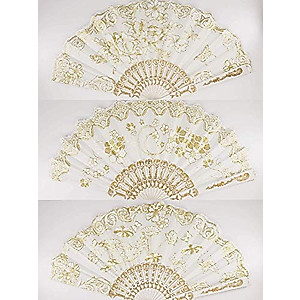 12 Pc Mix Spanish Style White and Gold Glitter Floral Pattern Folding Fan for Wedding Party Decor/Sweet 15 favors/Dancing Hand Fan/Table Setting/Wall Decoration/Out Door Wedding/Wedding Gift