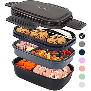 Caperci Stackable Bento Box Adult Lunch Box - 3 Layers All-in-One Lunch Containers with Multiple Compartments for Adults & Kids, 55 oz Large Capacity, Built-in Utensil Set & BPA Free (Black)