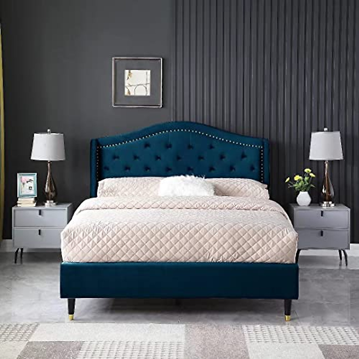 Morden Fort Blue Velvet Bed Frame Wood Platform, Upholstered Platform Bed with 51” Headboard, Heavy Duty Bed Frame with Wood Slat Support, No Box Spring Required, Easy Assembly, California King