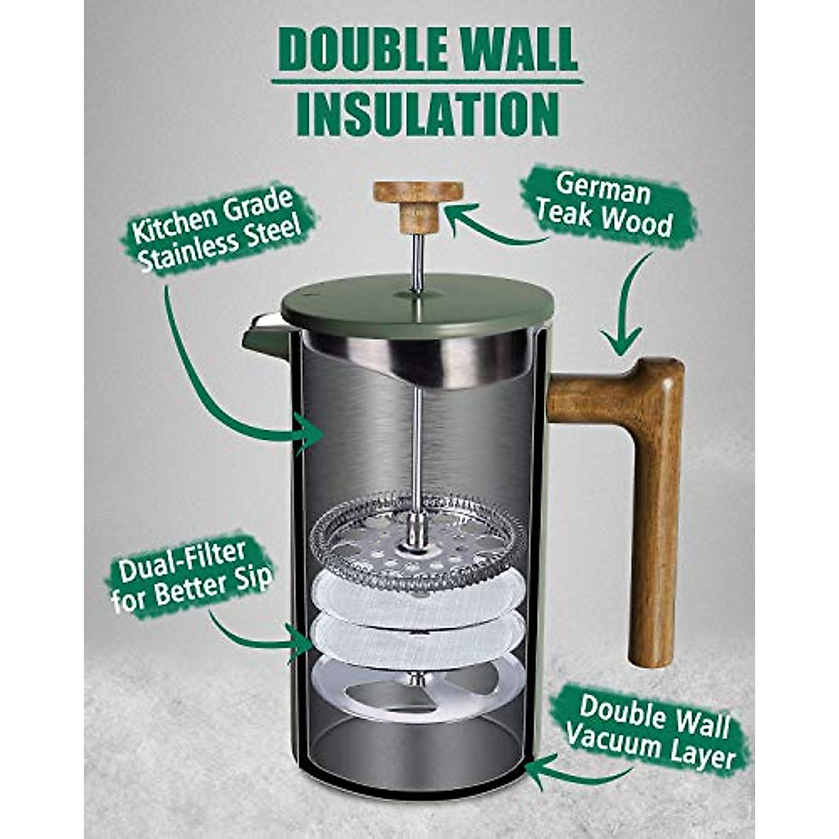 POLIVIAR French Press Coffee Maker, 34 oz Coffee Press with Real Wood Handle, Double Wall Insulation & Dual-Filter Screen, Food Grade Stainless Steel for Good Coffe and Tea (Flatland)