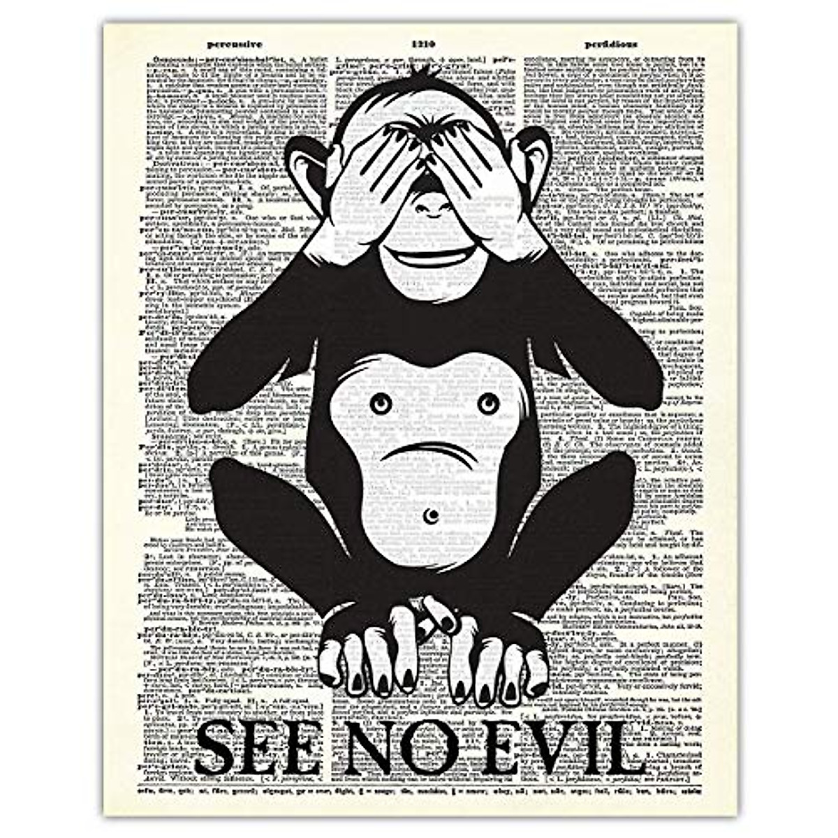 3 Wise Monkeys Dictionary Wall Art Prints: Unique Room Decor for Boys, Men, Girls & Women - Set of Three (8x10) Unframed Pictures - Great Gift Idea