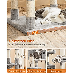 FEANDREA Cat Tree, Cat Tower for Indoor Cats, 56.3-Inch Cat Condo with Scratching Posts, Hammock, Plush Perch, Light Gray UPCT15W