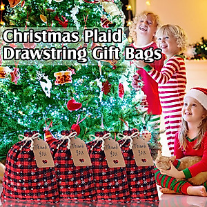 Shappy 24 Pcs Christmas Drawstring Bags Xmas Buffalo Plaid Burlap Candy Bags Linen Treat Bags with 3.28 ft Rope 24 Card (Black Red Snowflake,10 x 8 Inches)