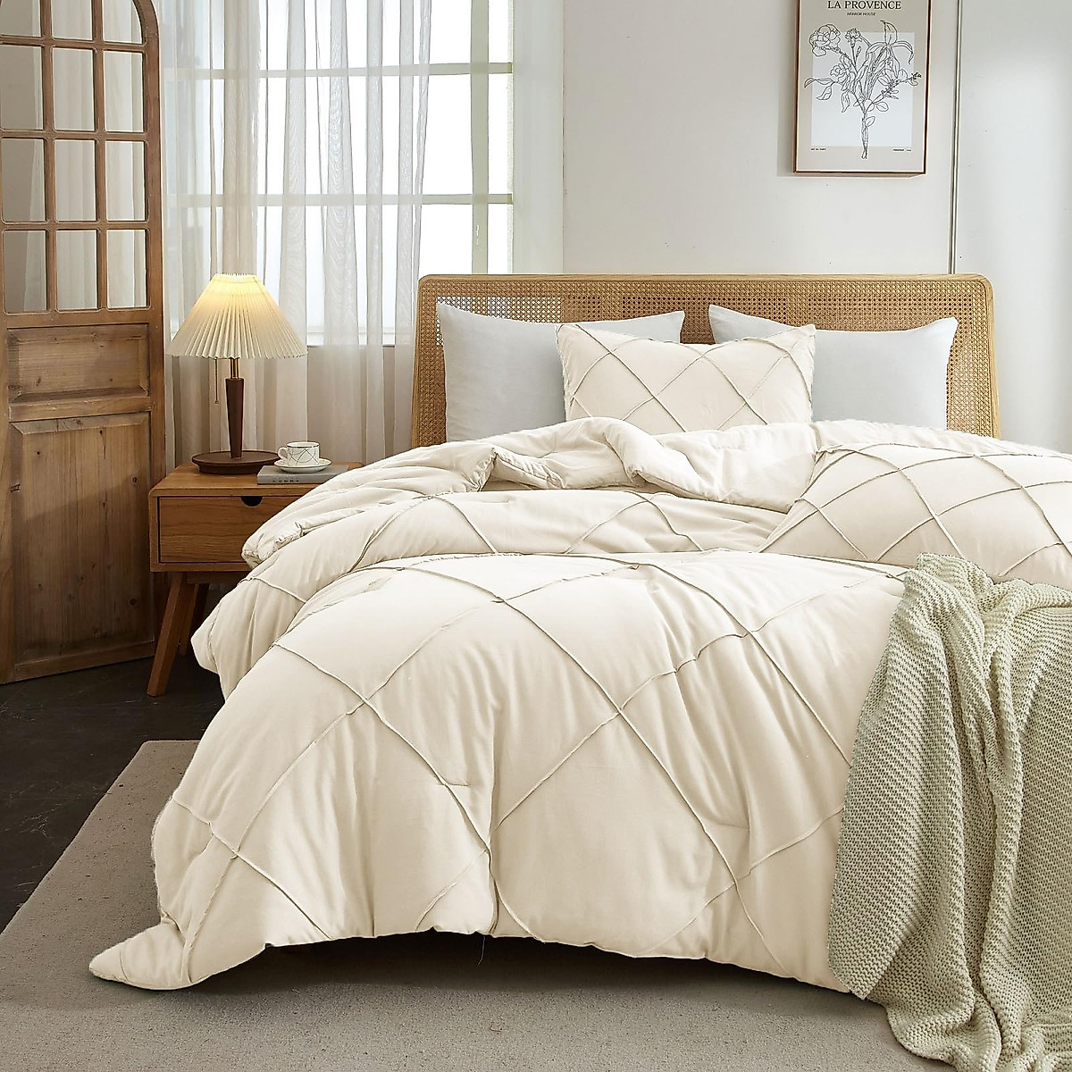 LifeTB Tufted Boho Comforter Set King Size Cream White Diamond Pattern Comforter Set Shabby Chic Bedding Jacquard Comforter Set Geometric Farmhouse Ivory Comforter with 2 Pillowcases All Season