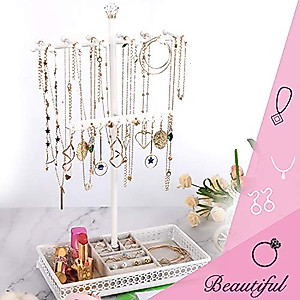 Meangood Jewelry Tree Stand Organizer 3in1 Necklace Organizer Display Bracelet Earrings and Ring Tray Jewelry Holder Hanger Metal（White）
