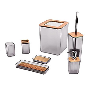FIYO 7 Pcs Bamboo Bathroom Accessories Set, Bath Accessories Set with Soap Dish, Toothbrush Holder, Cup, Soap Dispenser, Trash Bin, Toilet Brush with Holder for Home Hotel(Grey)
