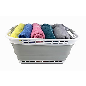 SAMMART 42L (11 gallons) Collapsible Plastic Laundry Hamper/Basket - Foldable Storage Container/Organizer - Portable Laundry Basket - Easy Storage Space Saving (White/Light Grey)