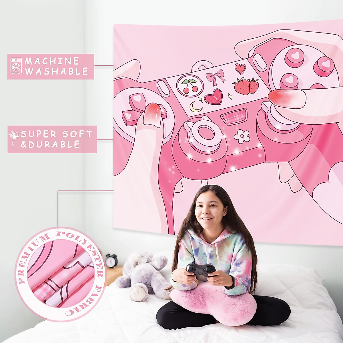Pecfamly Cutecore Cute Pink Kawaii Anime Tapestry for Bedroom Teen Girl, Cutecore Kawaii Gamer Girl Anime Room Home Decor (59" x 51")