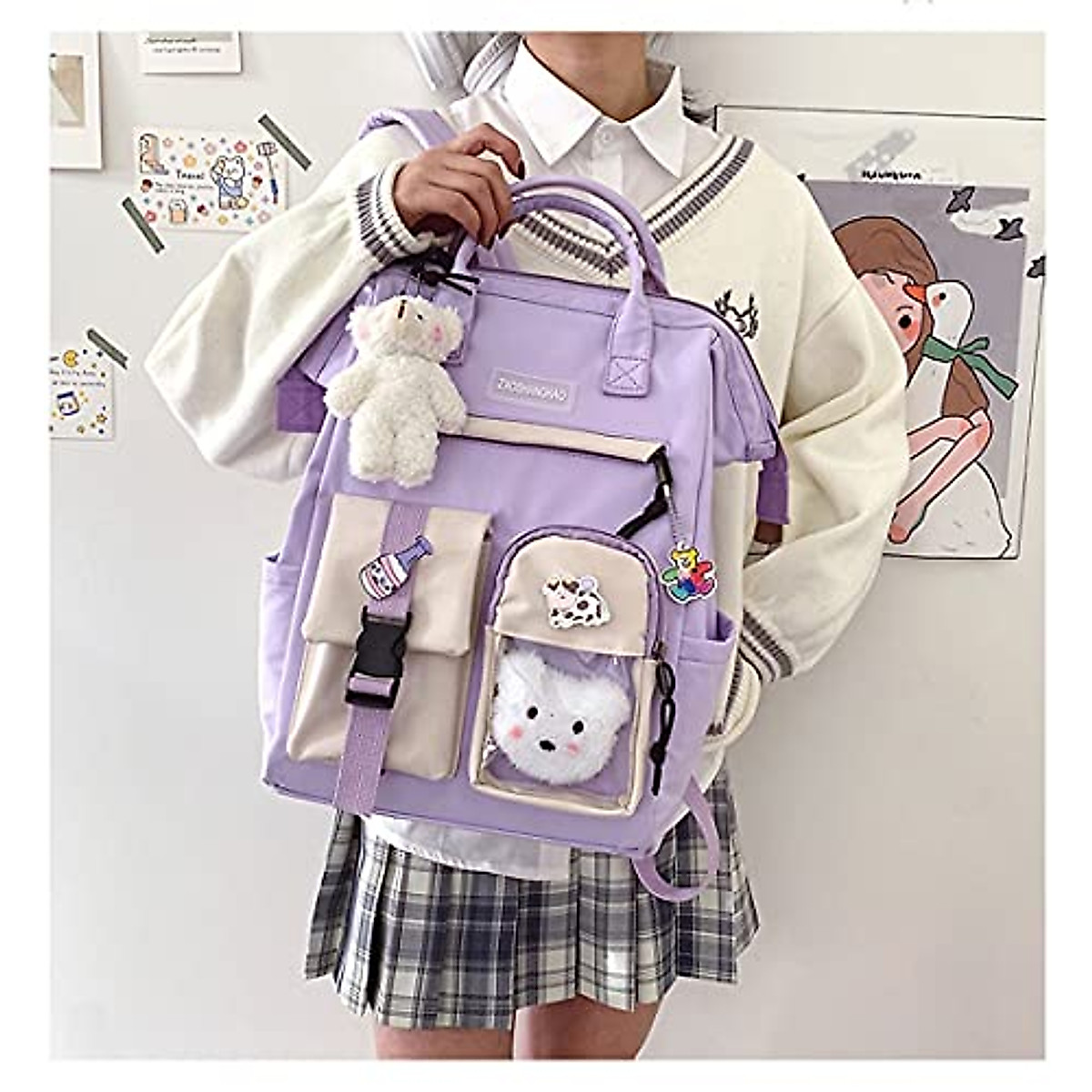 CM C&M WODRO Kawaii Backpack for Girls Women with Pin Bear Accessories Cute College High School Backpack Laptop Bookbag Purple