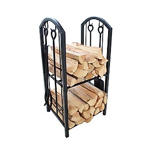 Everflying Fireplace Log Rack with 4 Tools Indoor Outdoor Fireside Firewood Holders Lumber Storage Stacking Black Wrought Iron Logs Bin Holder for Fireplace Tool