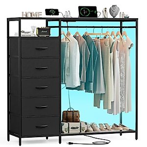 Black Dresser with Hanging Rack, Dresser for Bedroom with 5 Drawers, Clothes Dresser with Led Lights, Closet Dresser with Charging Station, 47 Inch Dresser with Shelves for Bedroom, Closet