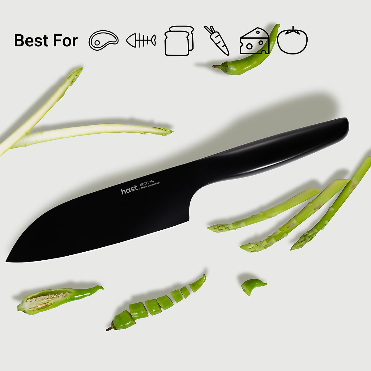 HAST All-New Santoku Knife - 6.3” -High Performance - Powder Steel- Patented - Japanese Blade Style - Award Wining Minimalist Design-Ergonomic Handle-Minimalist Kitchen Decor (Titanium Black)