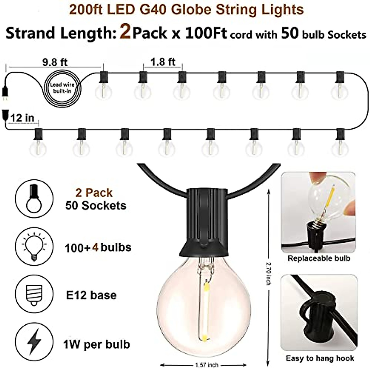 Skeerei Outdoor String Lights Waterproof Patio Lights 200FT with 100+4 Shatterproof G40 LED Edison Lights,Outdoor Hanging Lights for Party Backyard Gazebo Pegola Cafe, 2Pack x 100ft