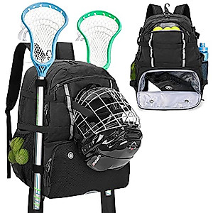 DSLEAF Lacrosse Bag with Stick Holder, Lacrosse Backpack with External Buckle Straps to Fix Helmet, Separate Shoe Space and Other Pockets to Hold Shoes US Mens 13 and Other Lacrosse Equipment (Patent Design)