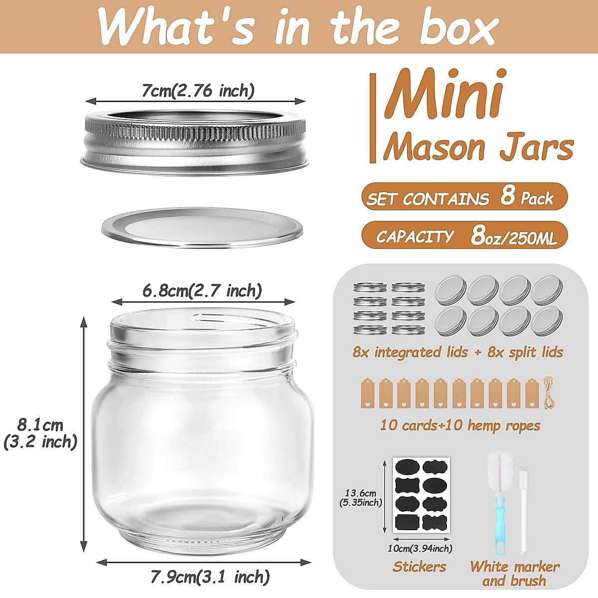 Sublaga Small Mason Jars 8 Pack 8oz/250ml with Regular Lids, Glass Canning Jars With Labels, Mini Glass Jars for Jam Jelly Spice Honey Herbs, Wedding Shower Favors Food Storage Candle Jars