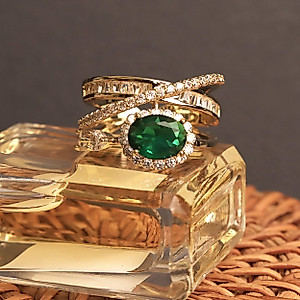 Sonateomber Green Crystal Gold Open Stacking Ring for Women - Large Dainty Simulated Emerald Rhinestone Cubic Zirconia Stone Adjustable Statement X Criss Cross Stack Costume Ring Valentine Gift