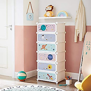 SONGMICS Kids' Shoe Rack with Doors, 6-Slot Stackable Storage Organizer, Plastic Wardrobe, Toys, Books, Clothes, 16.9 x 12.2 x 41.3 Inches, White ULPC904W01