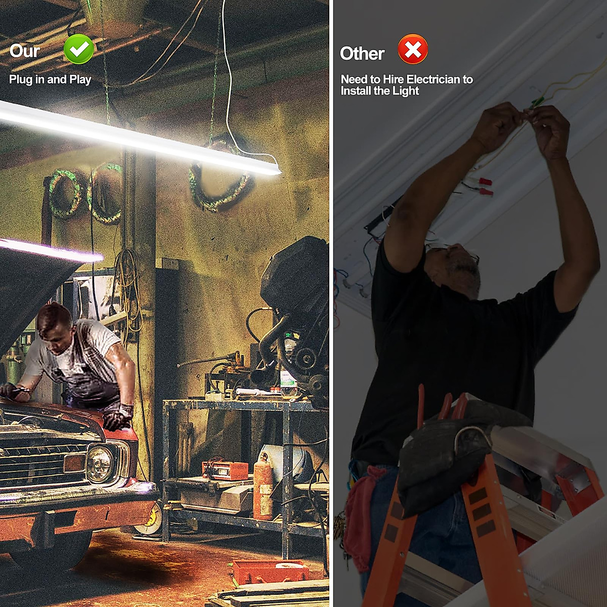 FAITHSAIL Linkable 8FT LED Shop Light, 110W, 12000 LM [Eqv.350W Fluorescent] 5000K, 8 Foot LED Fixture for Garage, Warehouse, Energy Saving Upto 2500KW*5/Y(5Hrs/Day)-Hang & Flush Mount, White, 1 Pack