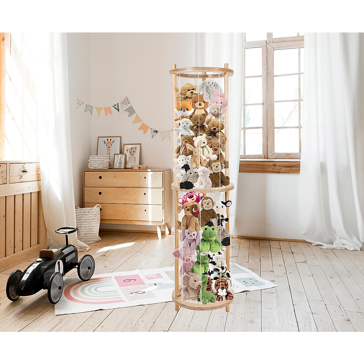 Vechor Round Animal Zoo Storage, Soft Toy Organizer, Solid Wood Zoo Cage for Plush Toys, Stuffed Animals Holder for Bedroom Playroom Nursery Room.