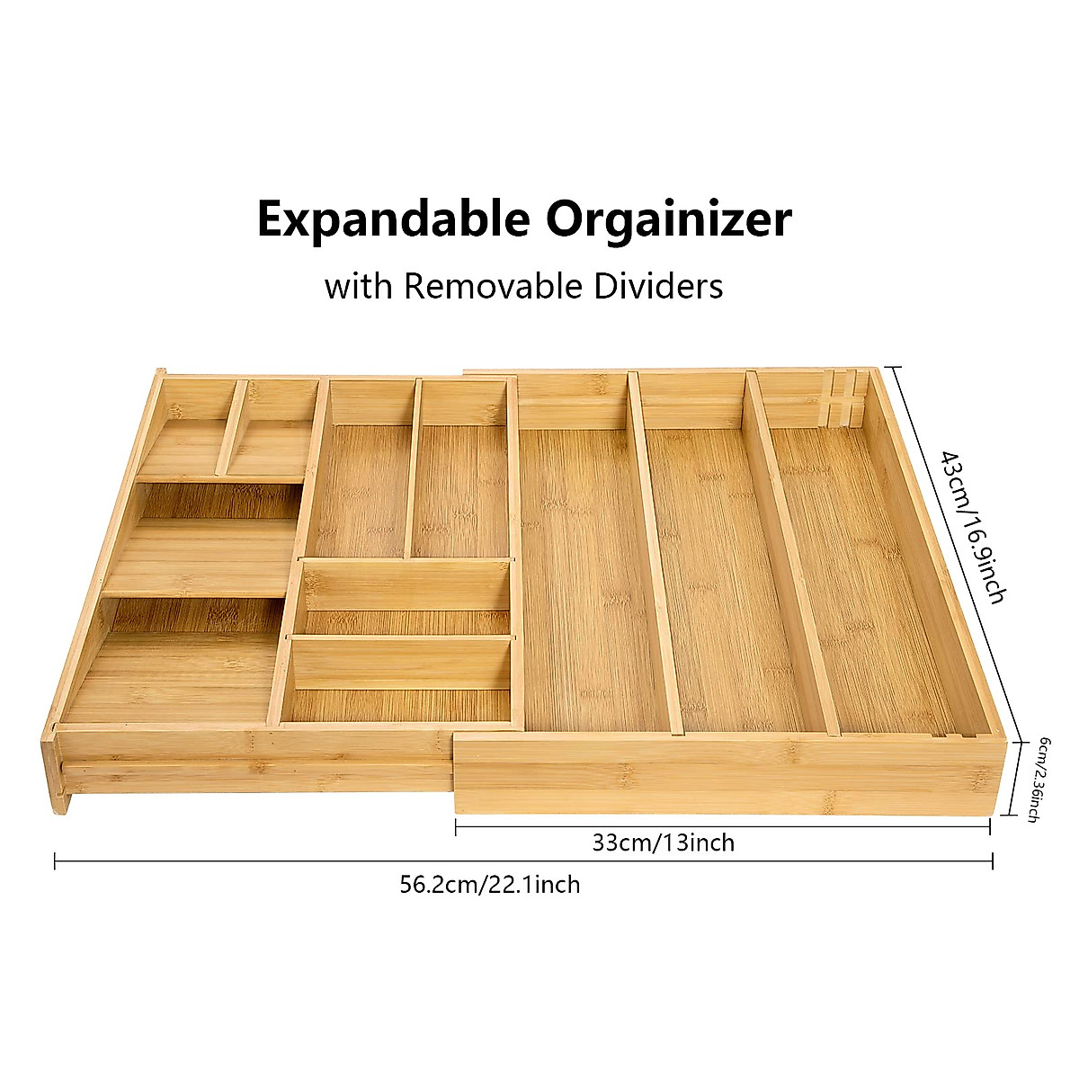 Oyydecor Bamboo Kitchen Drawer Organizer-Expandable Silverware Organizer for Utensil Holder, Cutlery Tray with 2 Removable Drawer Dividers, Adjustable for Kitchen Utensils and Flatware Organizer