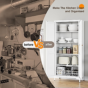 Yizosh Metal Storage Cabinet with 2 Doors and 4 Adjustable Shelves - 61" White Kitchen Pantry Storage Cabinet, 5-Tier Tall Steel Cabinet Locker for Kitchen, Living Room, Dining Room