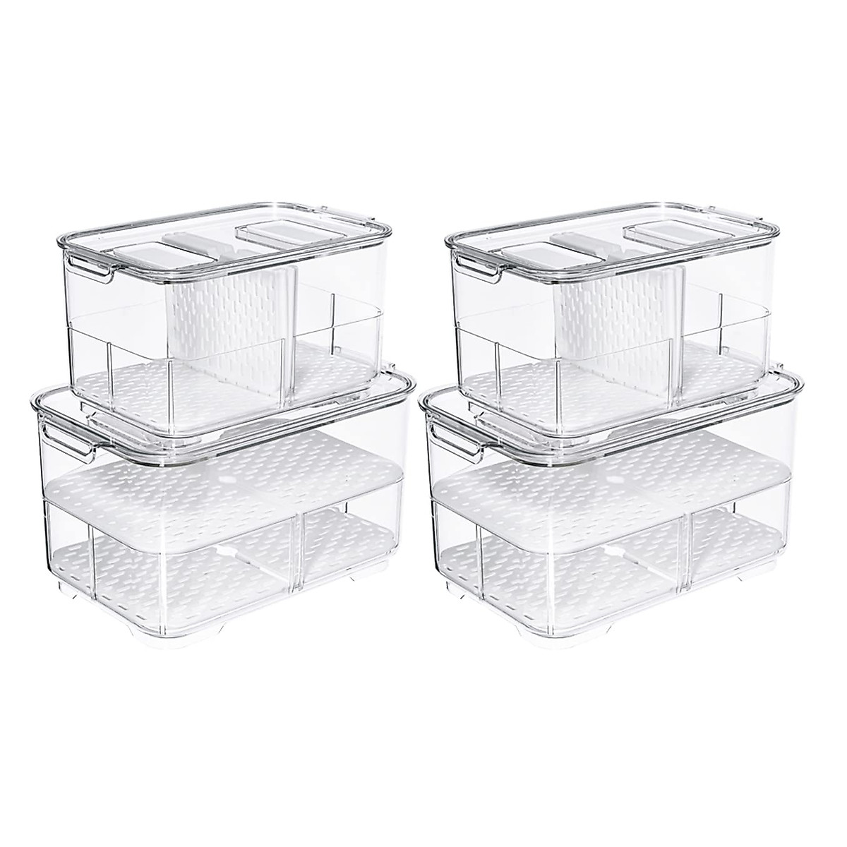 SANNO Fridge Produce Saver Storage Vegetable Fruit Containers Food Produce Saver Container Stackable Refrigerator Organizer Bins Fresh Keeper Drawers Organizer, Set of 4