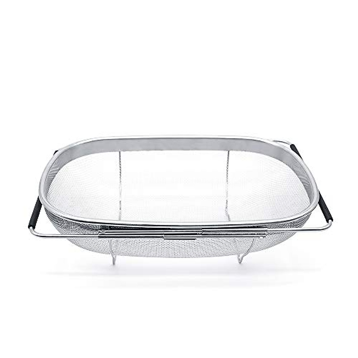 Over the Sink Colander Strainer Basket with Rubber Grip, 6 Quart Stainless Steel Vegtable Fruit Colanders Strainers with Steady Base, Expandable Metal Strainer for Kitchen Sink