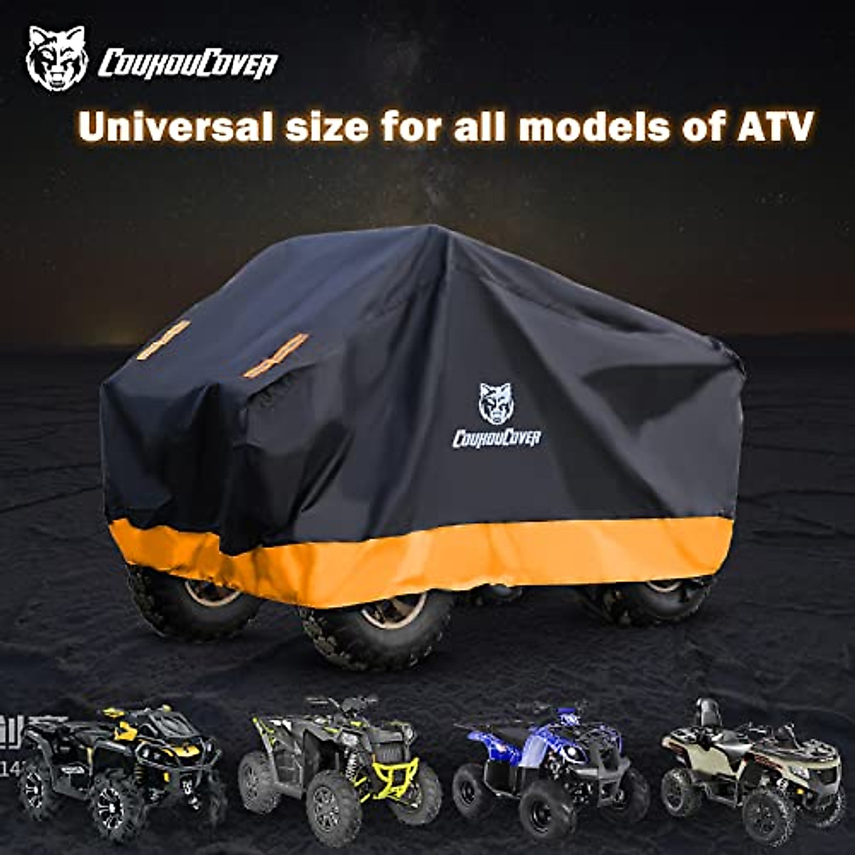 CoukouCover 300D Black Orange Waterproof ATV Cover, All Weather Outdoor ATV ATC Quad Bike Storage Protection ATV Cover (XL 82")