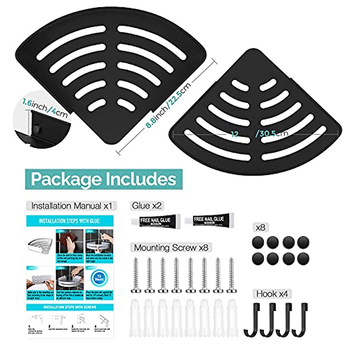 SORGMACH Shower Shelf Corner Adhesive Bathroom Shower Caddy Storage with 4 Removable Hook Holder Sholder Shelf for Wall Toilet Dorm No Drilling Wall Mounted Organizer Basket Kitchen-2 Pack