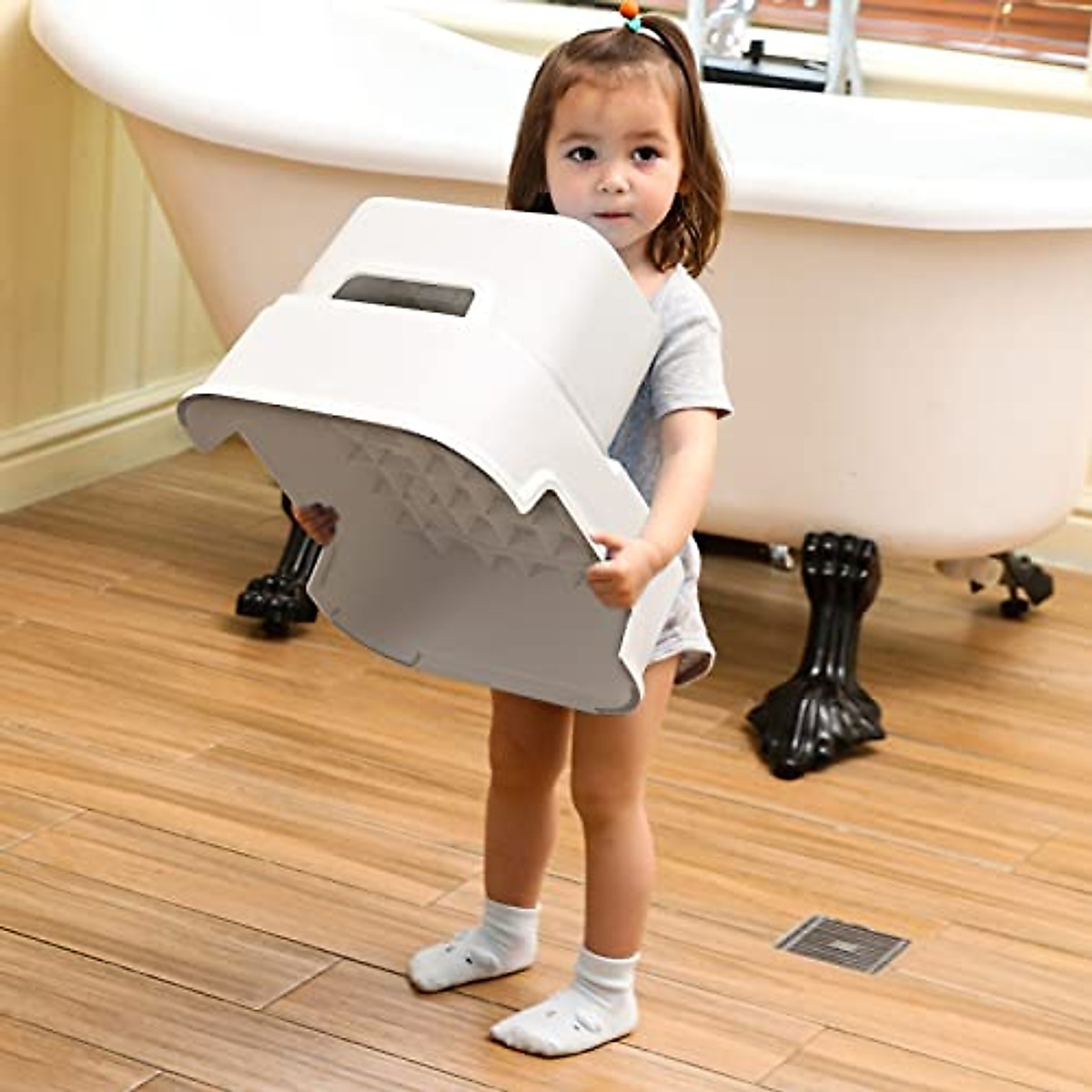 Two Step Stool for Kids, Double up Toddler Step Stool for Potty Training, Kitchen, Bathroom, Toilet Stool with Anti-Slip Strips for Safety, Stackable, Wide Step (1 Pack White)